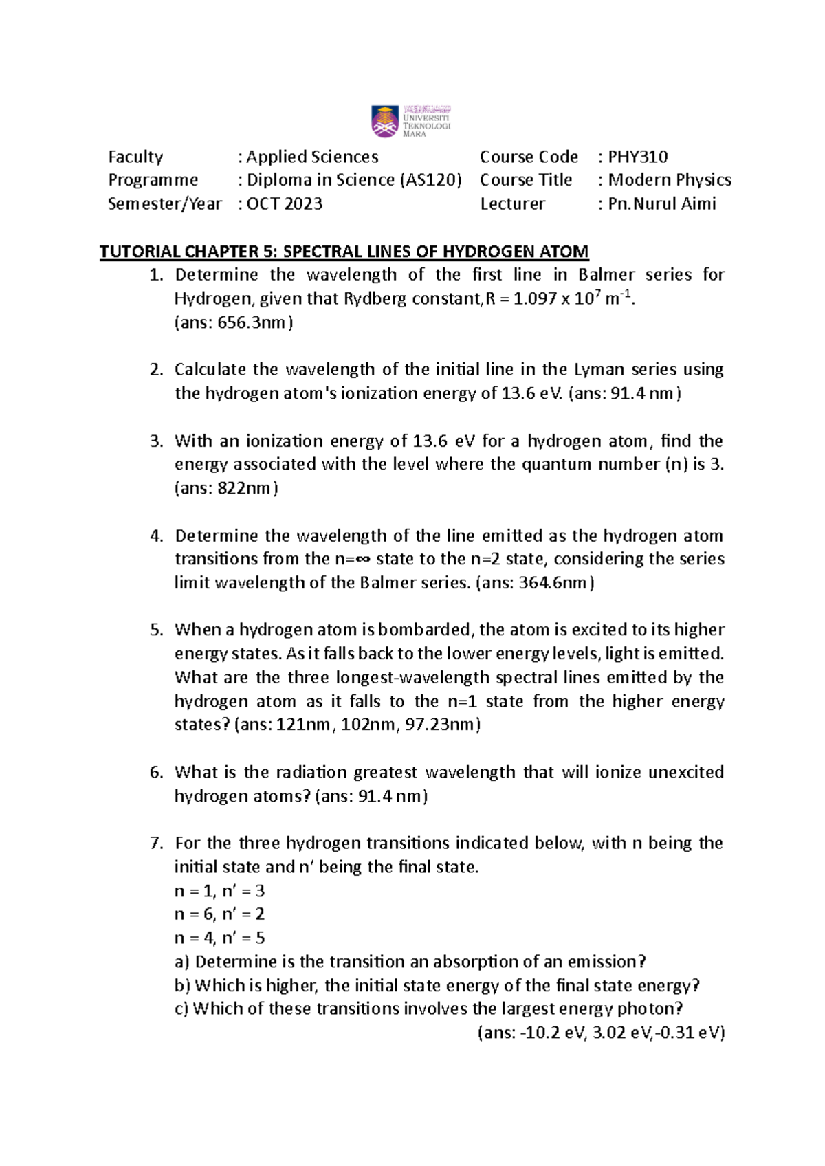 PHY310 Tutorial Chapter 5 MAC2024 - Faculty : Applied Sciences Course Code : PHY Programme ...