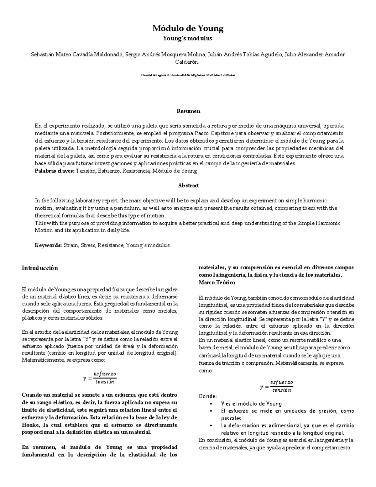 Módulo Young - Laboratorio - Módulo de Young Young’s modulus Sebastián ...