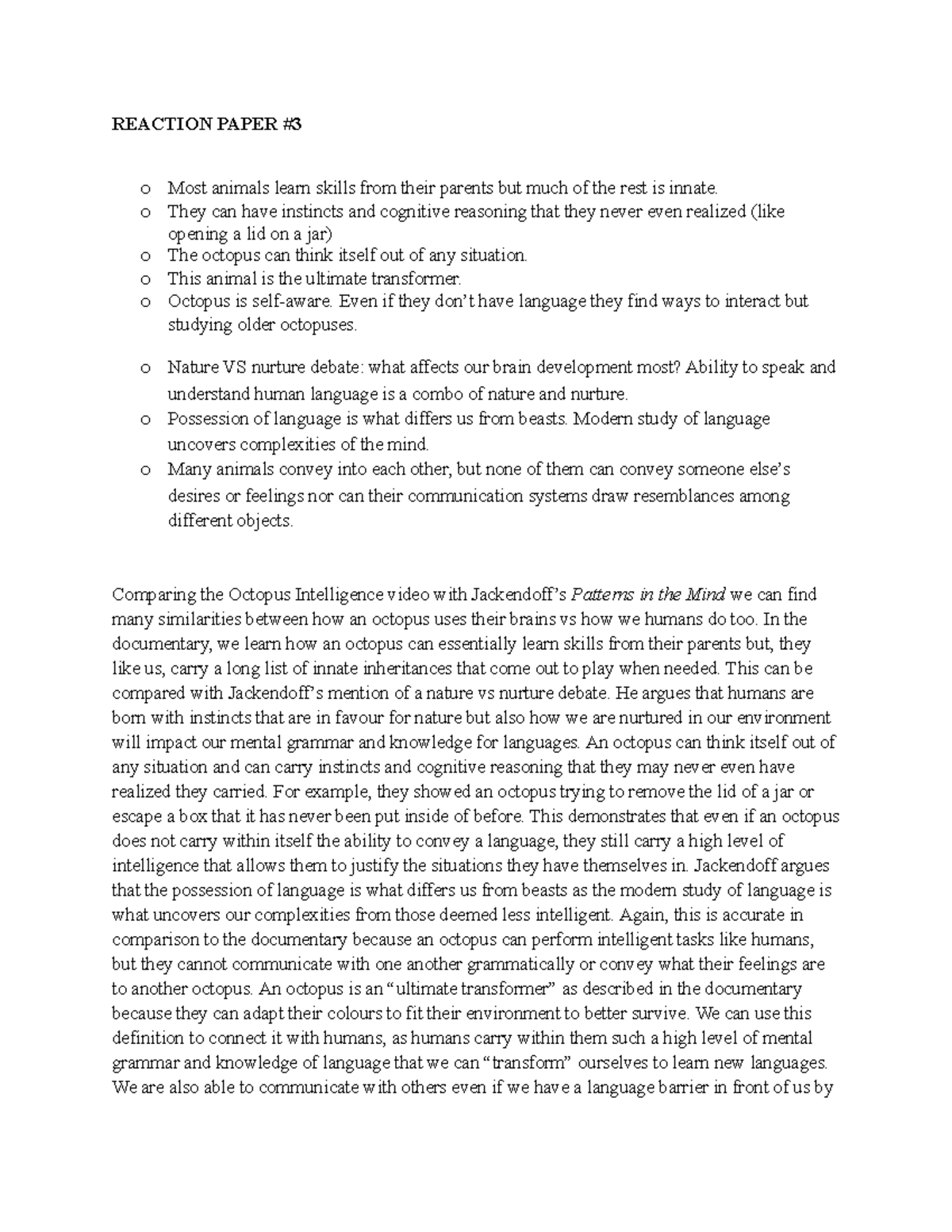 Reaction Paper 3 - REACTION PAPER o Most animals learn skills from ...