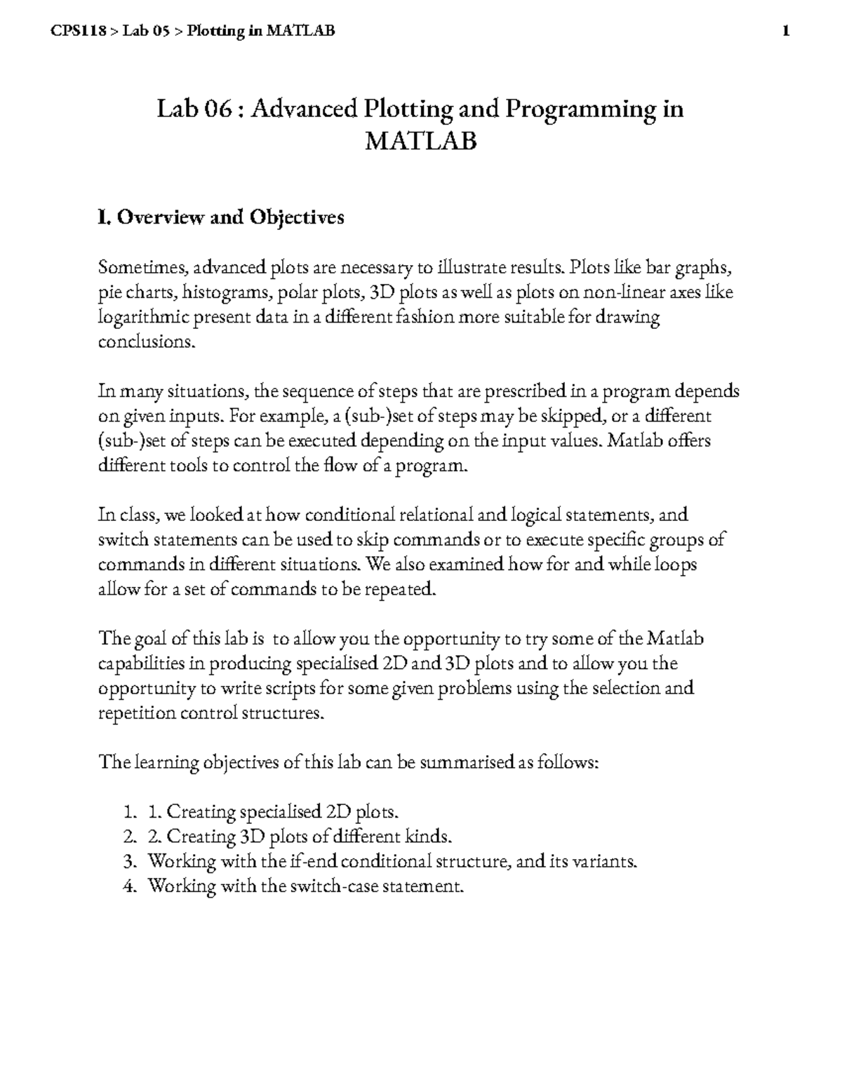 lab 6 - physics - Lab 06 : Advanced Plotting and Programming in MATLAB I. Overview and ...