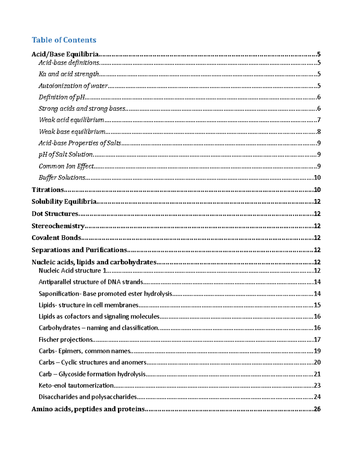 KA Chemistry Notes Partial - Table of Contents Acid/Base - Studocu