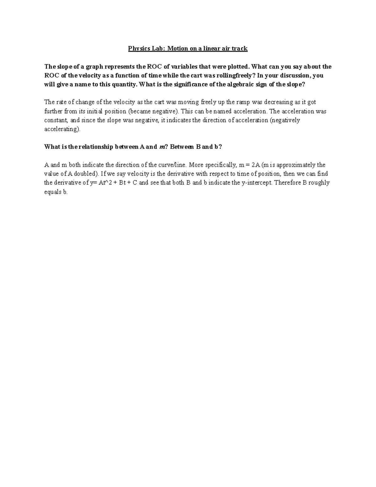 Physics Lab Motion on a linear air track - What can you say about the ...