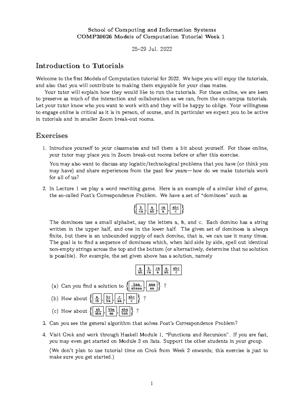 Week01 - Week 1 - School of Computing and Information Systems COMP30026 Models of Computation ...