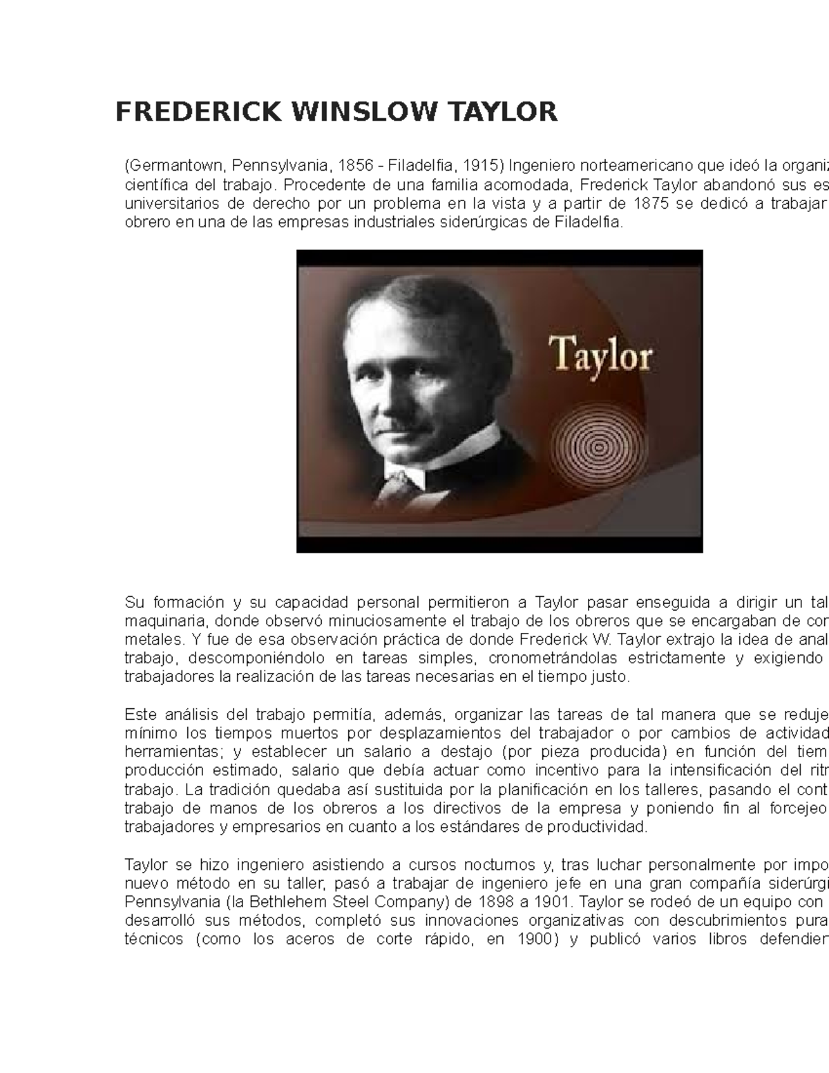 Frederick Winslow Taylor - FREDERICK WINSLOW TAYLOR (Germantown ...