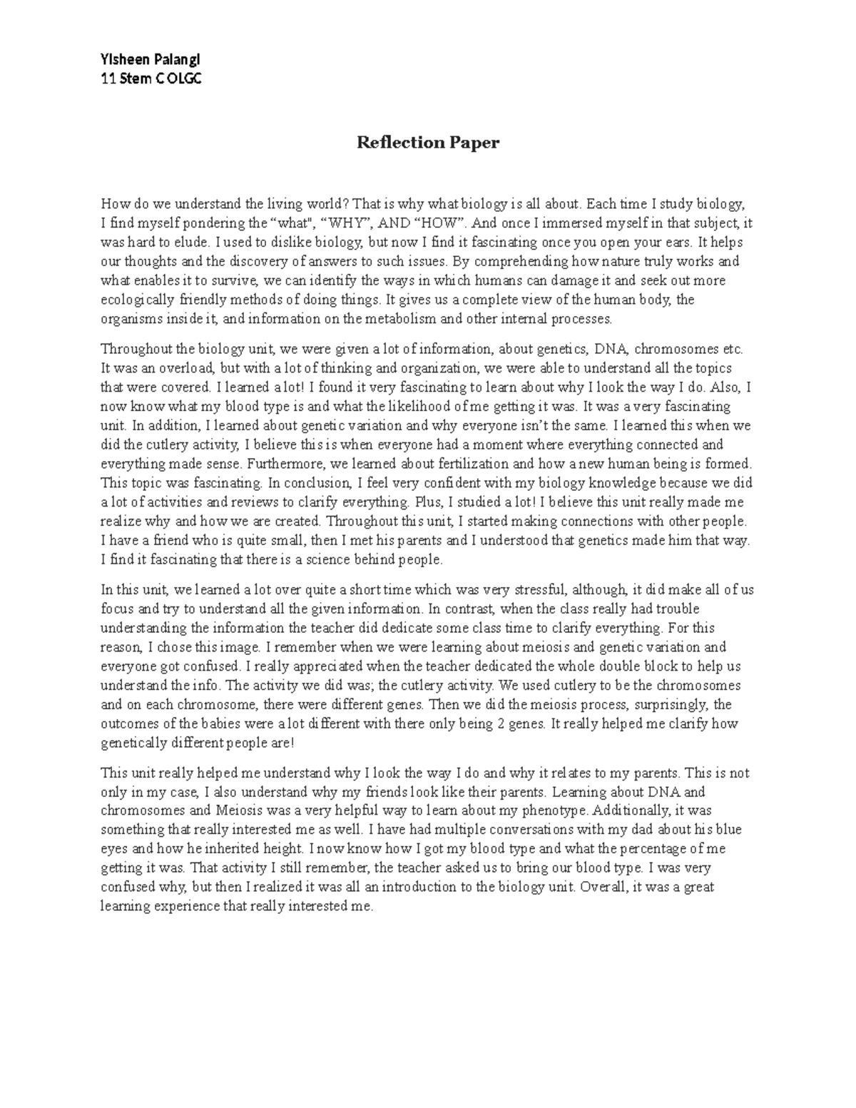 Reflection Paper - j jhhlkbljk - Yisheen Palangi 11 Stem C OLGC ...