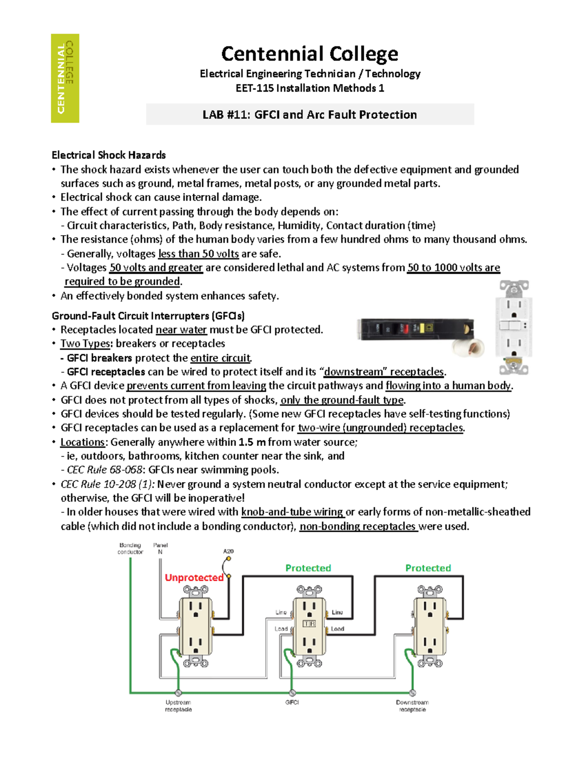 Lab 11 - GFCI & Arc Fault Protection - Centennial College Electrical Engineering Technician ...