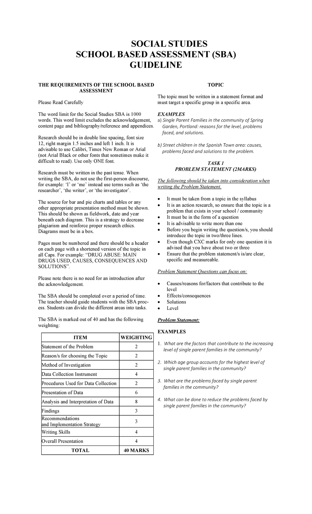 Sba guidlines social studies - THE REQUIREMENTS OF THE SCHOOL BASED ...