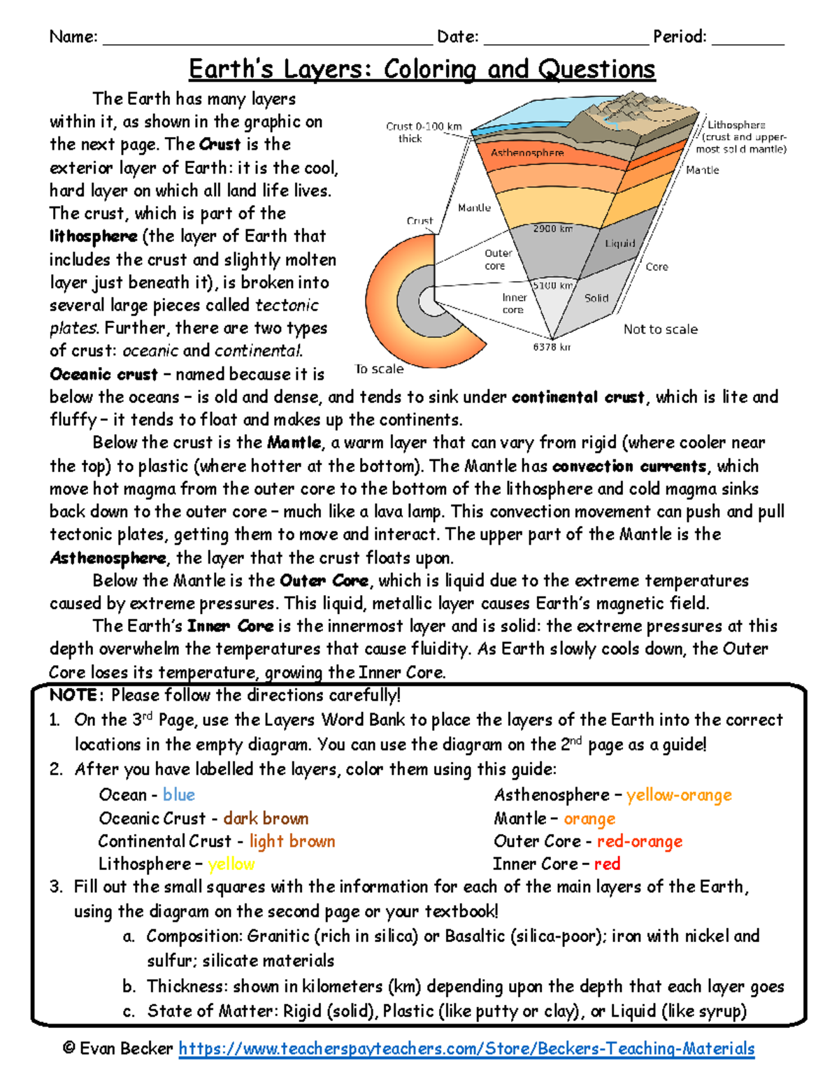 Earth Layers Coloringand Questions Key-1 - Earth’s Layers: Coloring and ...