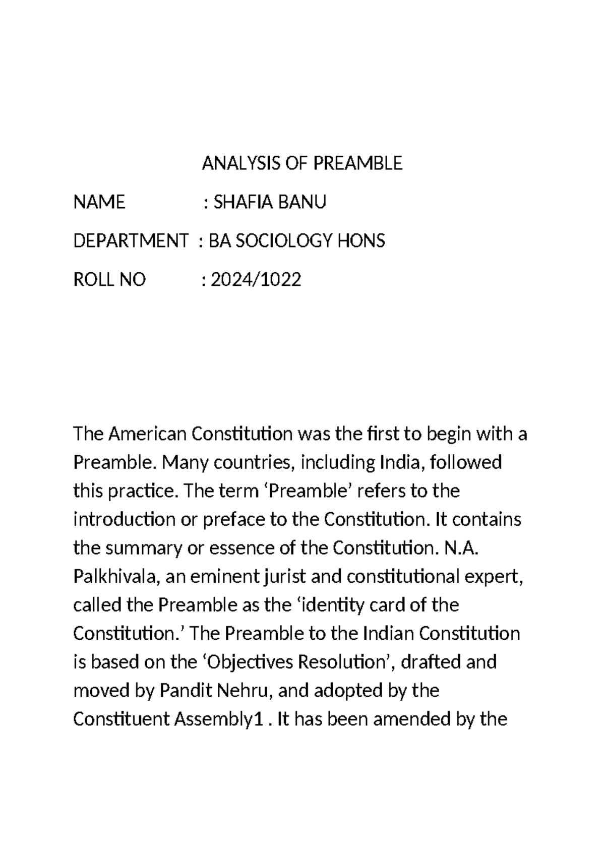 Analysis of preamble - imp - ANALYSIS OF PREAMBLE NAME : SHAFIA BANU ...