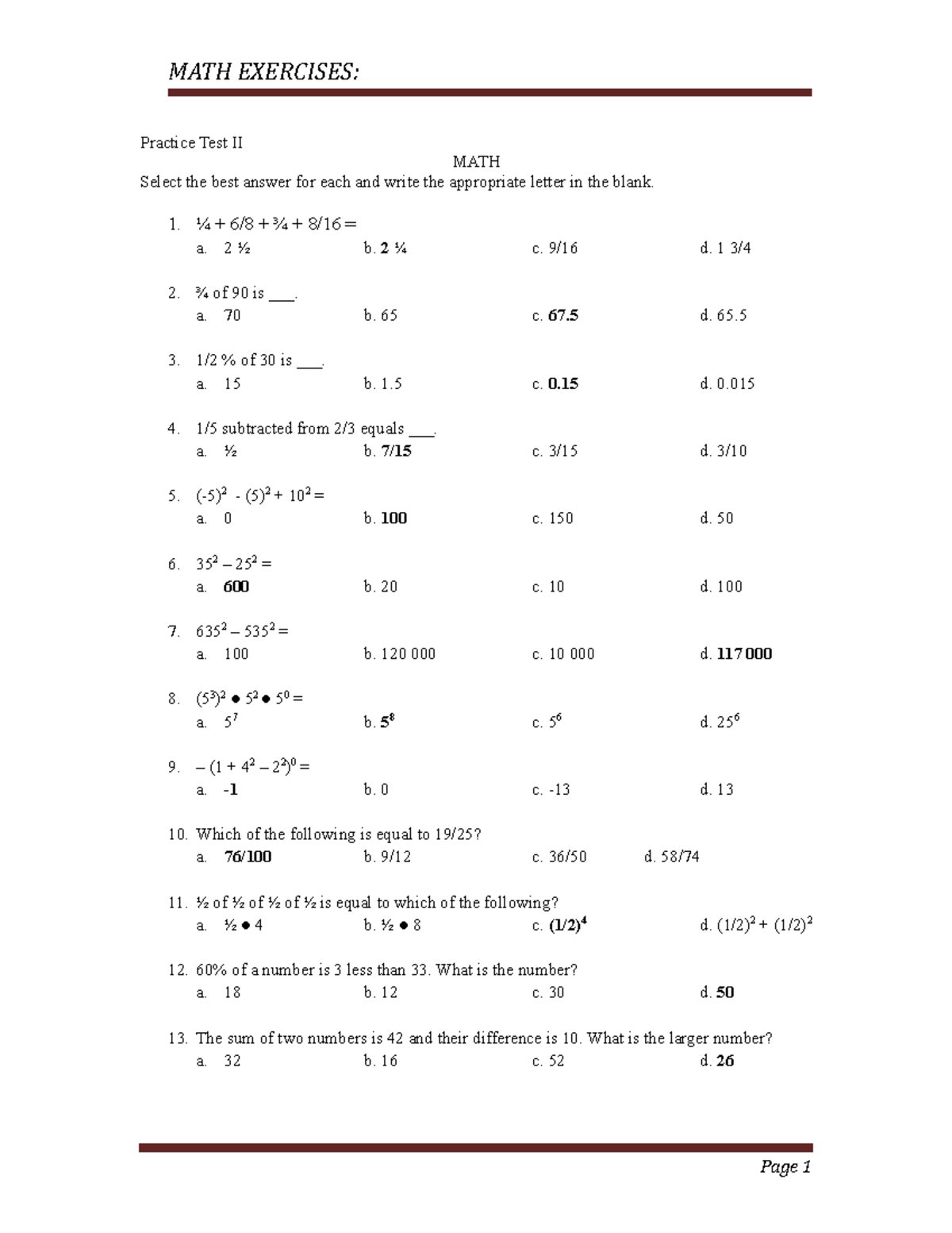 MATH Learning Exercises 1 - Practice Test II MATH Select the best ...