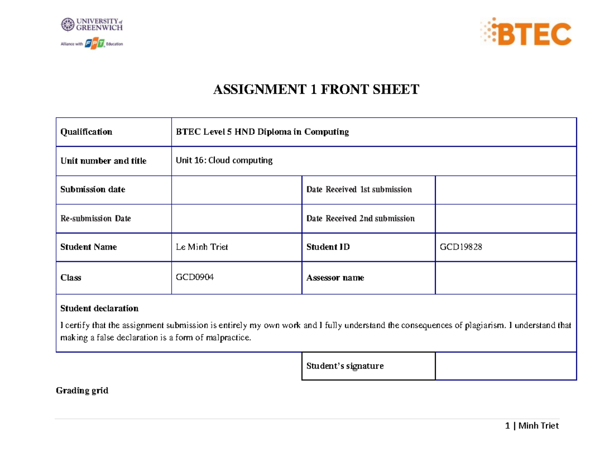 Assignment 1 cloud - 1622 - ASSIGNMENT 1 FRONT SHEET Qualification BTEC Level 5 HND Diploma in ...