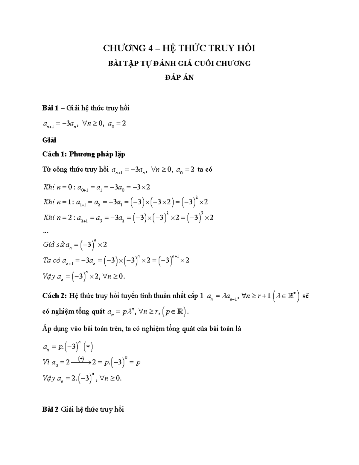 4 - bai tap cuoi chuong - chuong 4 - he thuc truy hoi - DAP AN - CHƯƠNG 4 – HỆ THỨC TRUY HỒI BÀI ...