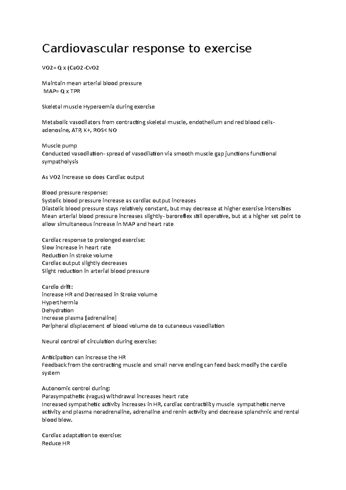 Cardiovascular Response to Exercise - Studocu