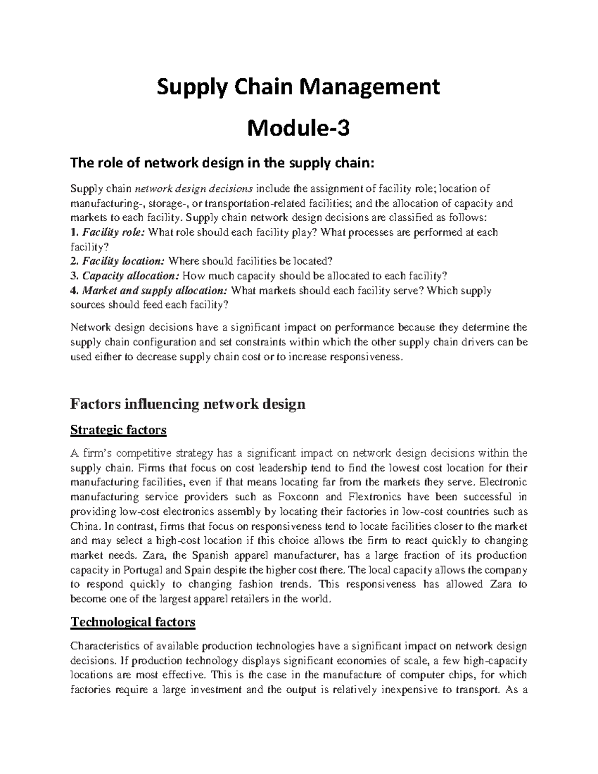 SCM Module 3 - notes - Supply Chain Management The role of network ...