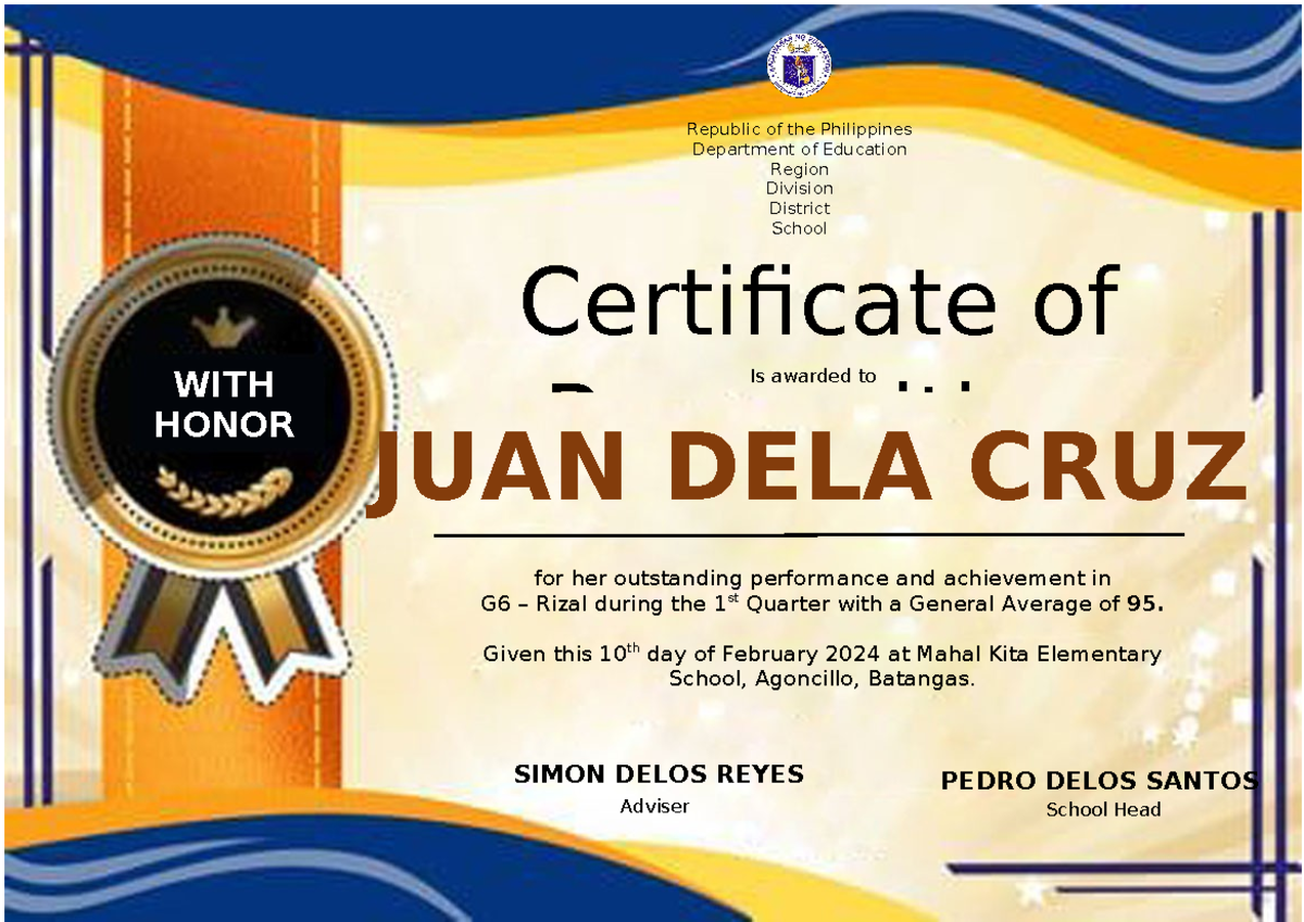 CERT1 - certificate - Adviser School Head SIMON DELOS REYES PEDRO DELOS SANTOS WITH HONOR - Studocu
