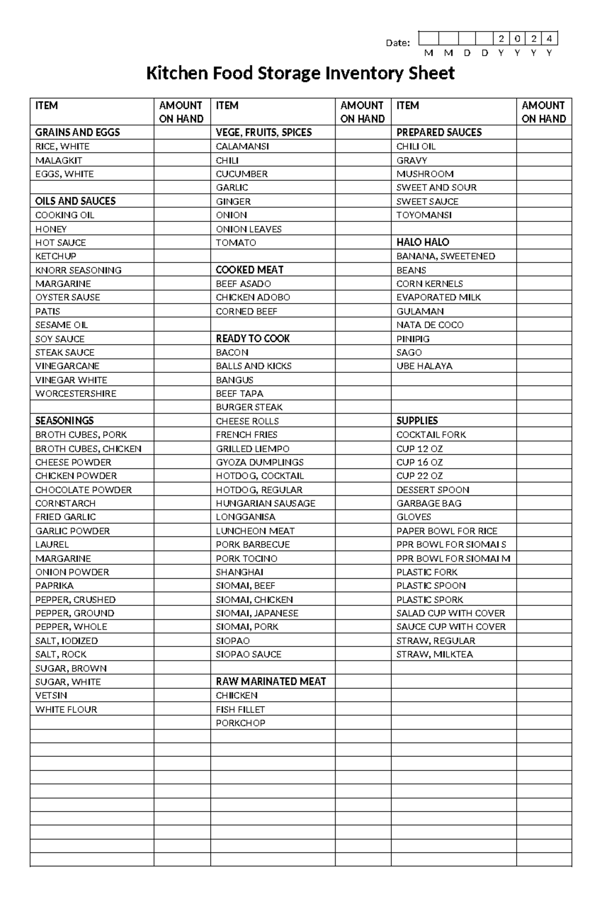 Kitchen Food Inventory Sheet - Date: Kitchen Food Storage Inventory ...