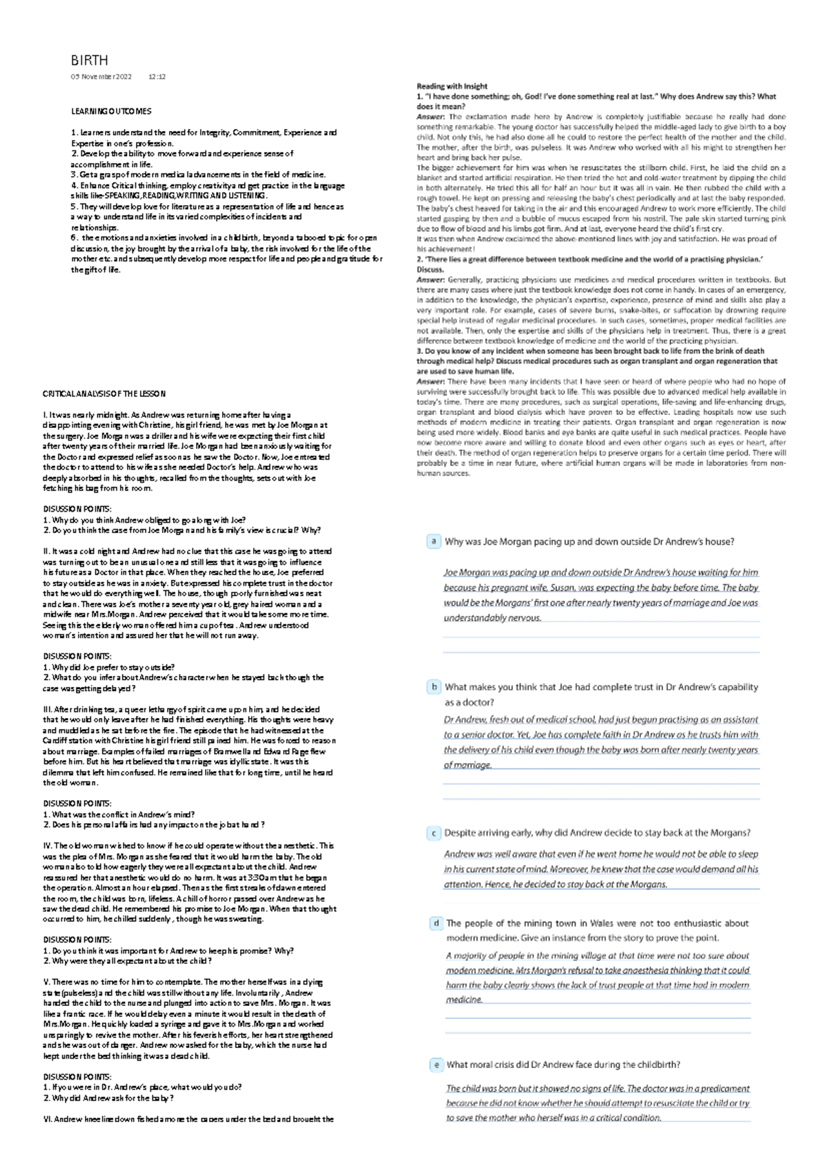 Birthnotes - First Flight CH- Birth - LEARNING OUTCOMES Learners ...