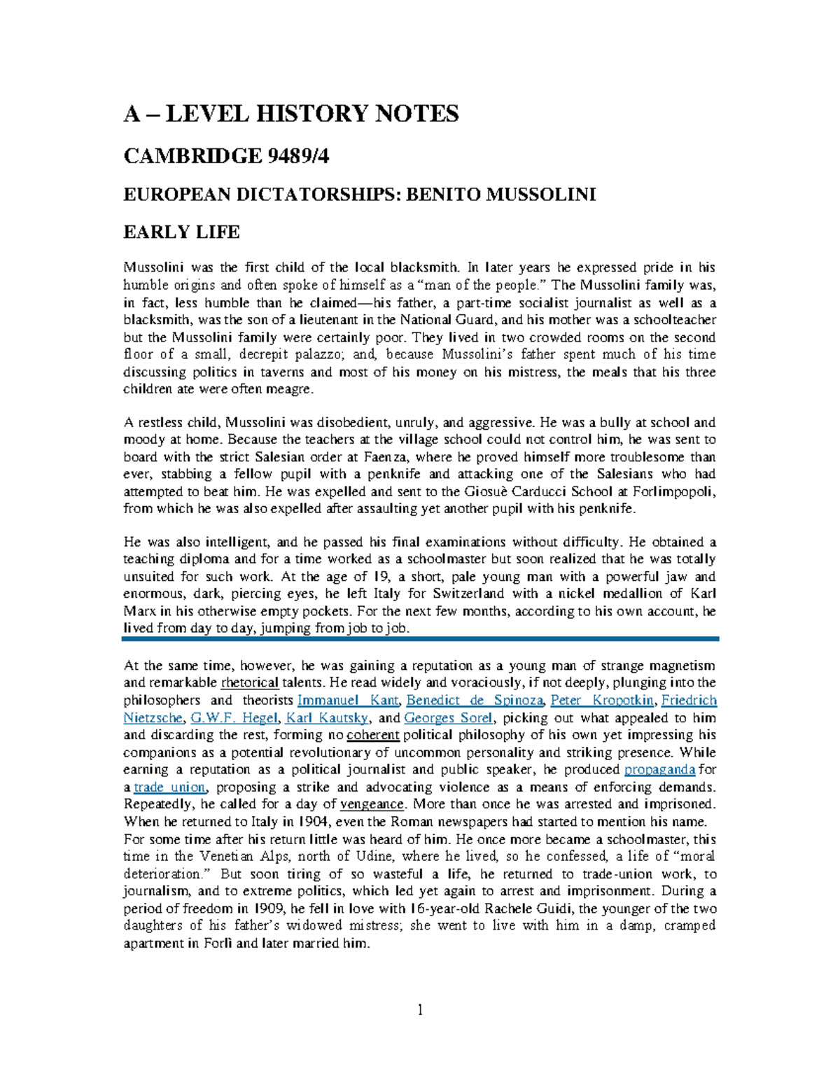 Mussolini notes - A – LEVEL HISTORY NOTES CAMBRIDGE 9489/ EUROPEAN ...