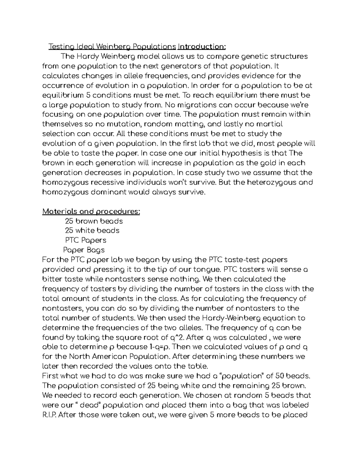 Lab Report Three - Testing Ideal Weinberg Populations Introduction: The ...