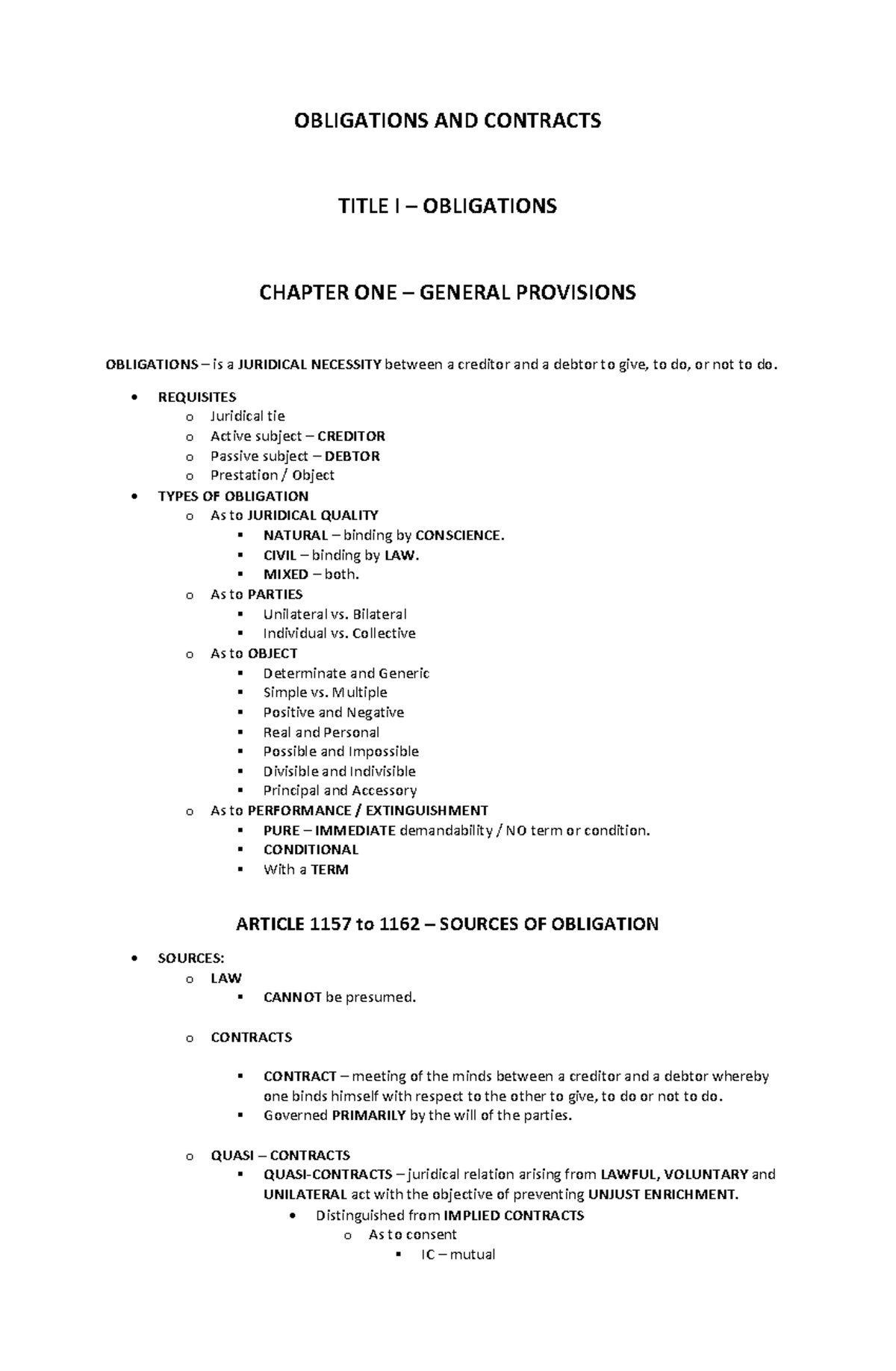 Oblicon-Personal-Reviewer - OBLIGATIONS AND CONTRACTS TITLE I – OBLIGATIONS CHAPTER ONE ...