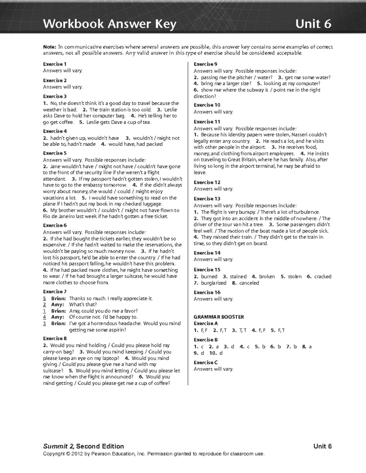Unit 06 workbook ak - Huâ - Workbook Answer Key Unit 6 Note: In ...