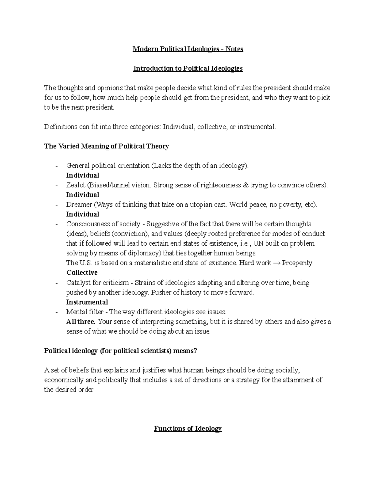 Modern Political Ideologies Intro Notes - Modern Political Ideologies ...