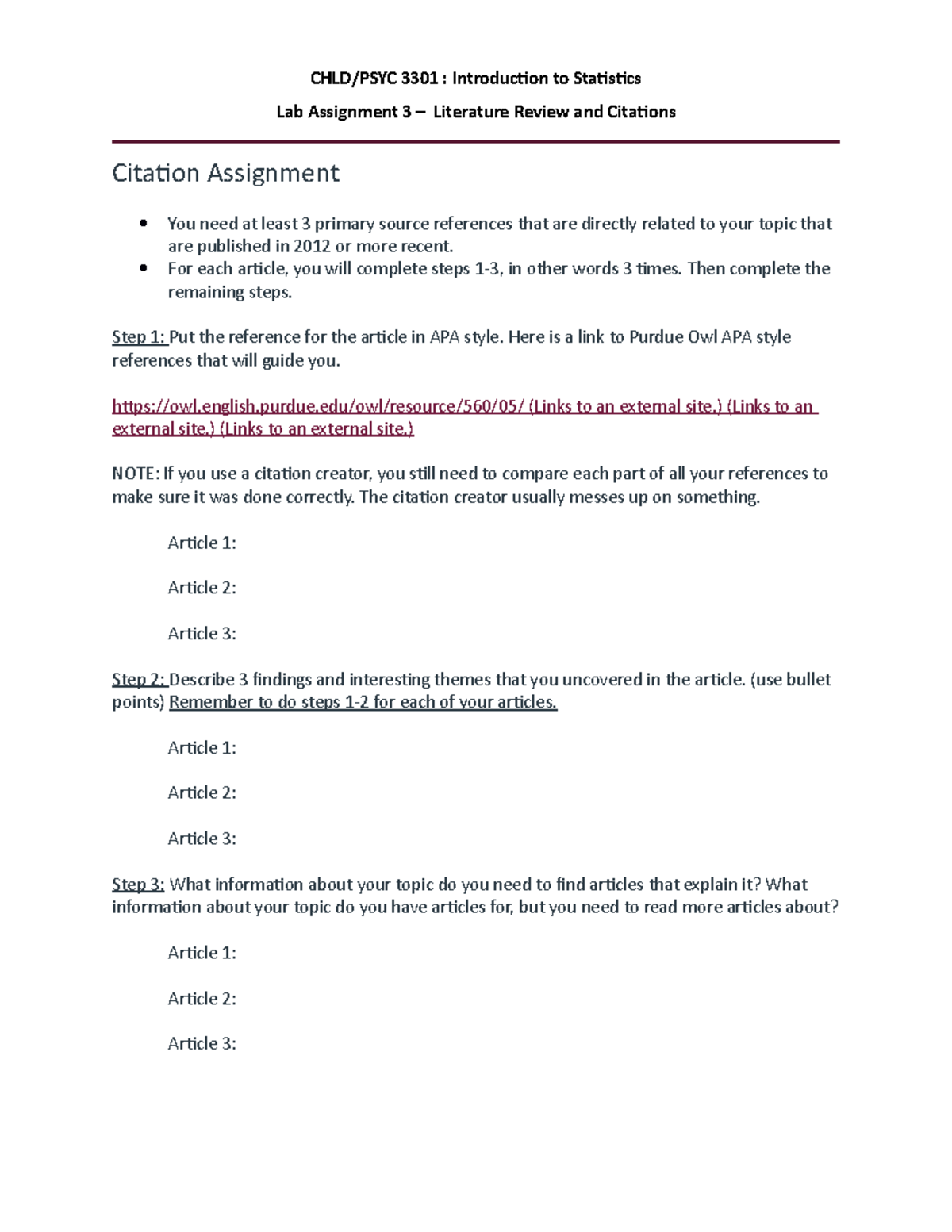 Lab Assignment 3 Literature Reviews and Citations[ 1342] - CHLD/PSYC 3301 : Introduction to ...