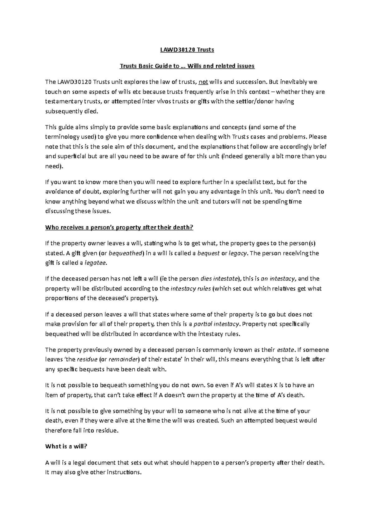 Guide to Wills - LAWD30120 Trusts Trusts Basic Guide to ... Wills and ...