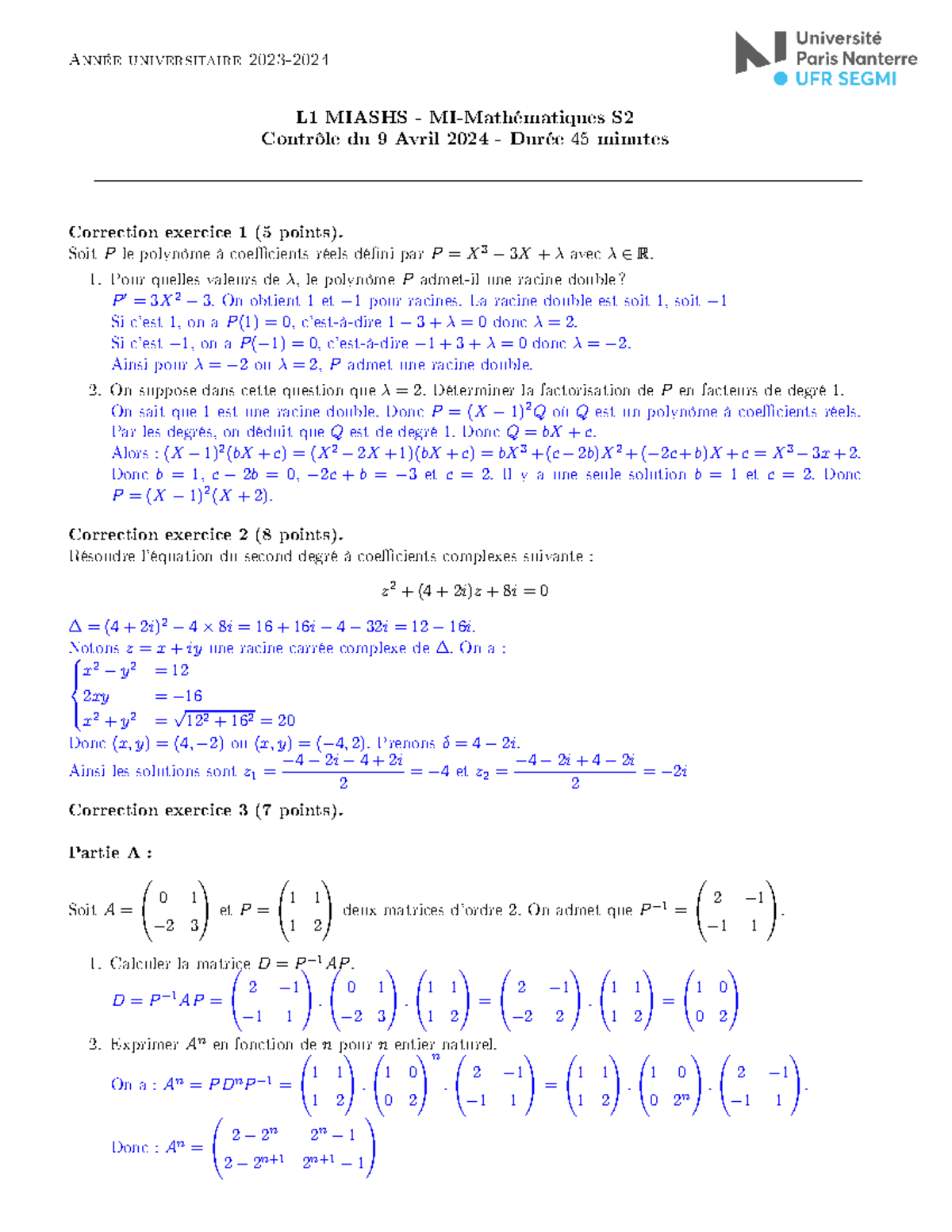 Correction CC2 - CEL - Année universitaire 2023- L1 MIASHS - MI-Mathématiques S Contrôle du 9 ...