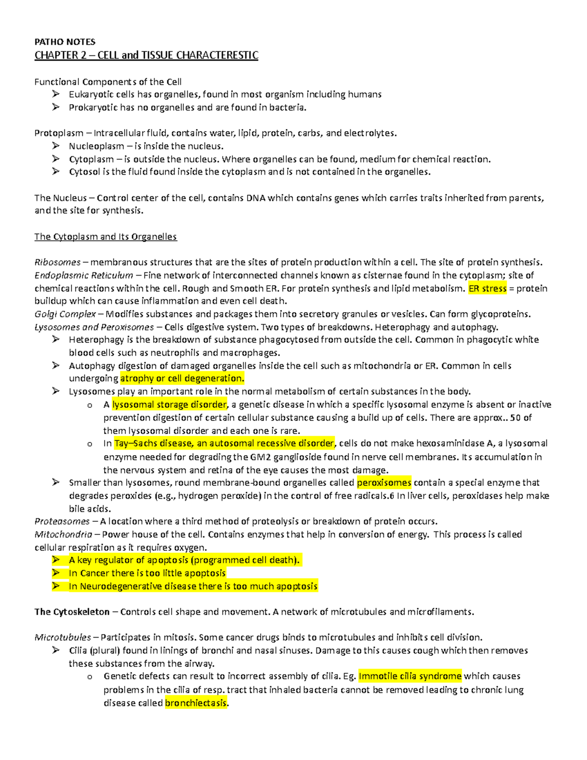 Unit 2 Notes - PATHO NOTES CHAPTER 2 – CELL and TISSUE CHARACTERESTIC ...