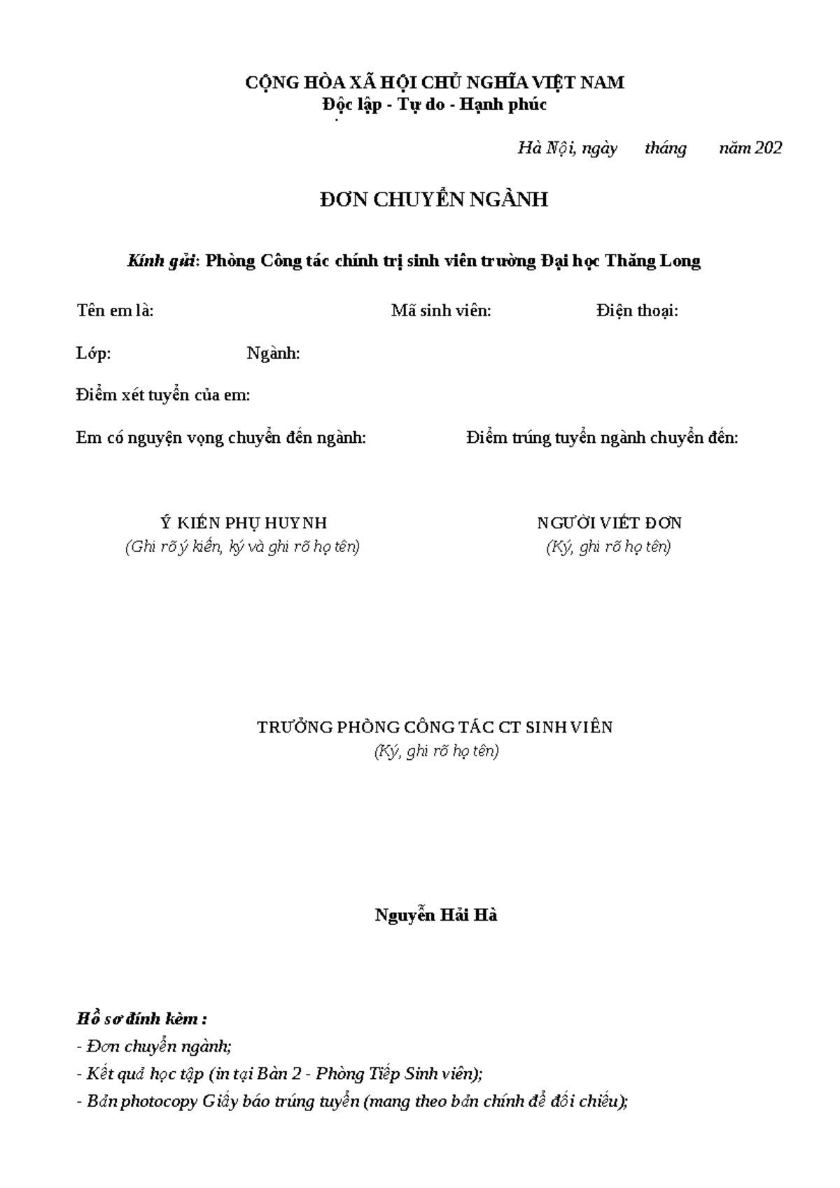 ĐƠN CHUYỂN Ngành - Vcn - C Ộ NG HÒA XÃ H Ộ I CH Ủ NGHĨA VI Ệ T NAM Đ c l p - T ộ ậ ự do - H nh ...