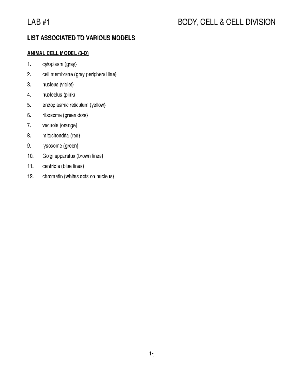 LAB1 model labels - LAB #1 BODY, CELL & CELL DIVISION LIST ASSOCIATED ...