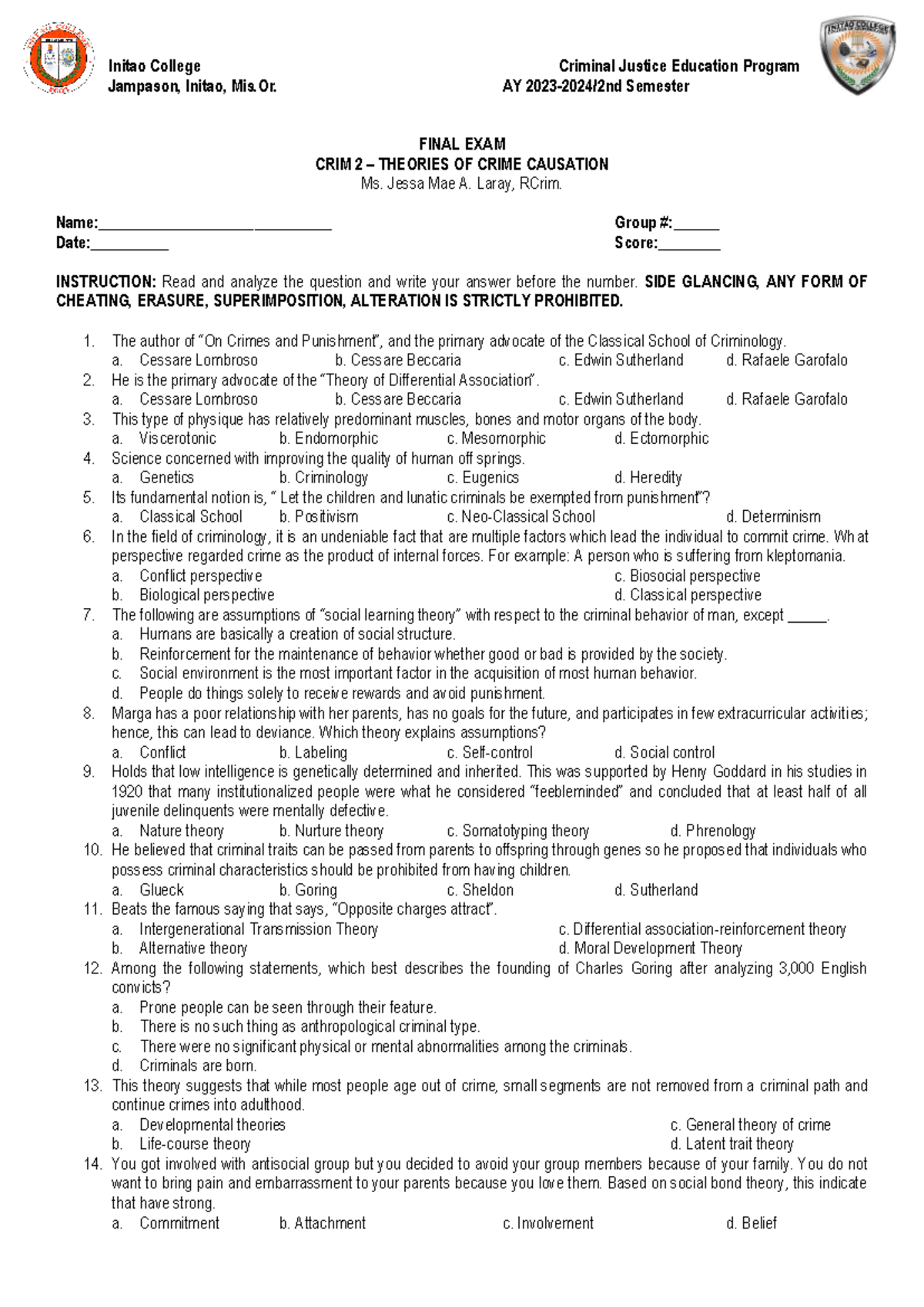 CRIM 2 Final EXAM - Initao College Criminal Justice Education Program ...