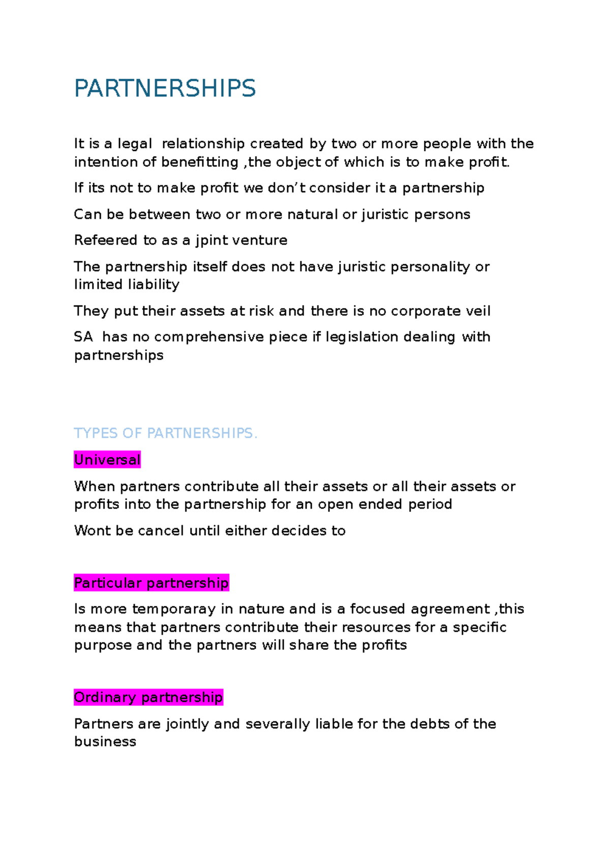 Partnership - Summary Business Enterprise Law - PARTNERSHIPS It is a ...