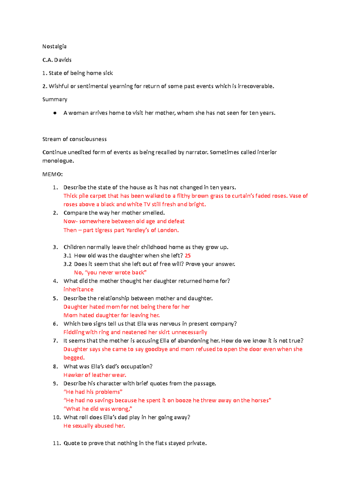 Nostalgia Questions and answers - Nostalgia C. Davids State of being ...