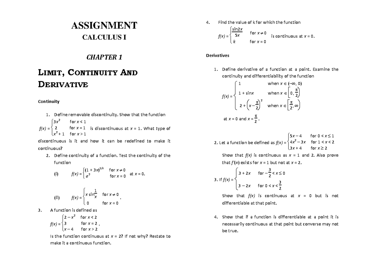 Assignment-Calculus-I - ASSIGNMENT CALCULUS I CHAPTER 1 LIMIT ...
