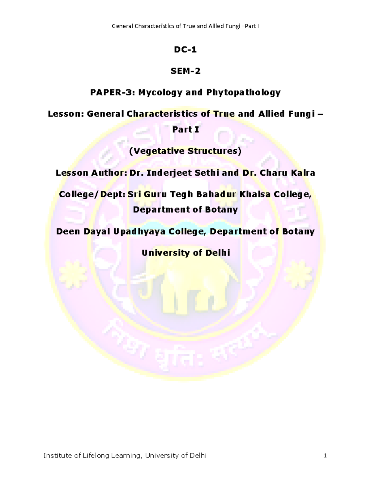 Characteristics of Fungi -Part I - DC- SEM- PAPER-3: Mycology and ...