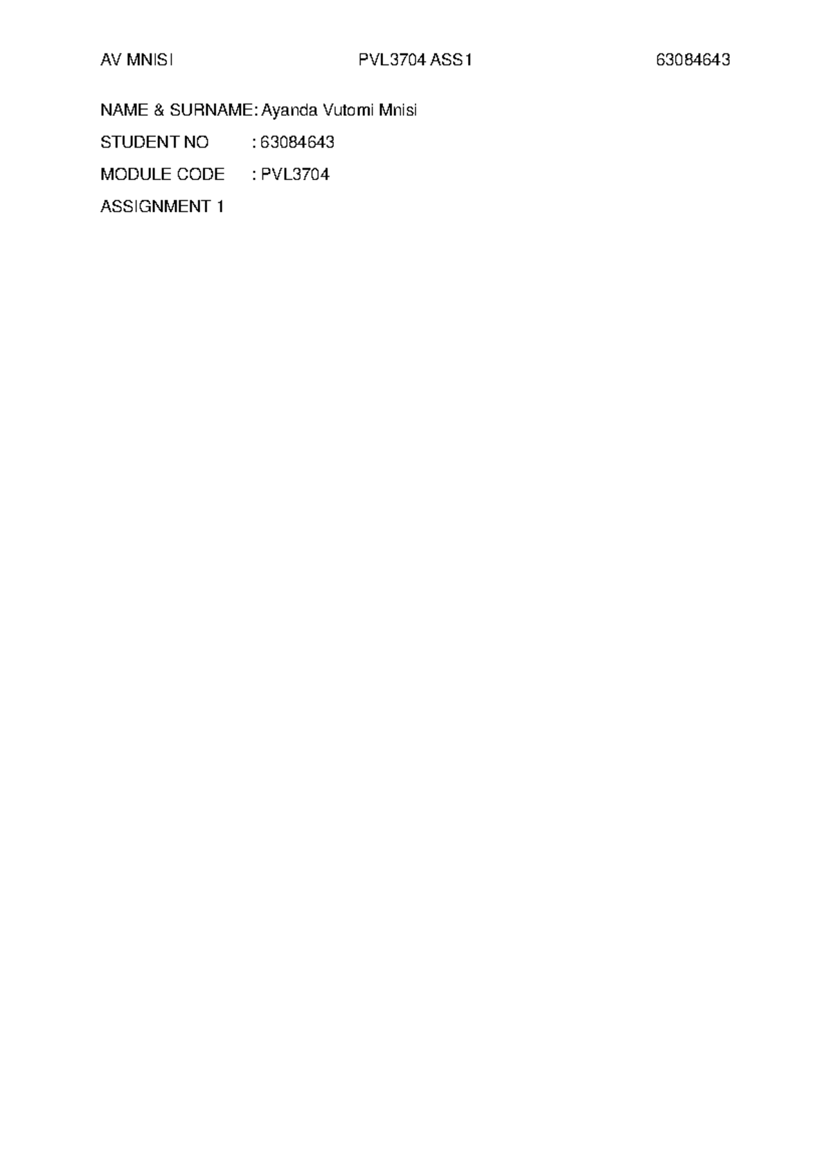 PVL3704 ASS1 - assignment 1 semester 1 - PVL3704 - NAME & SURNAME ...