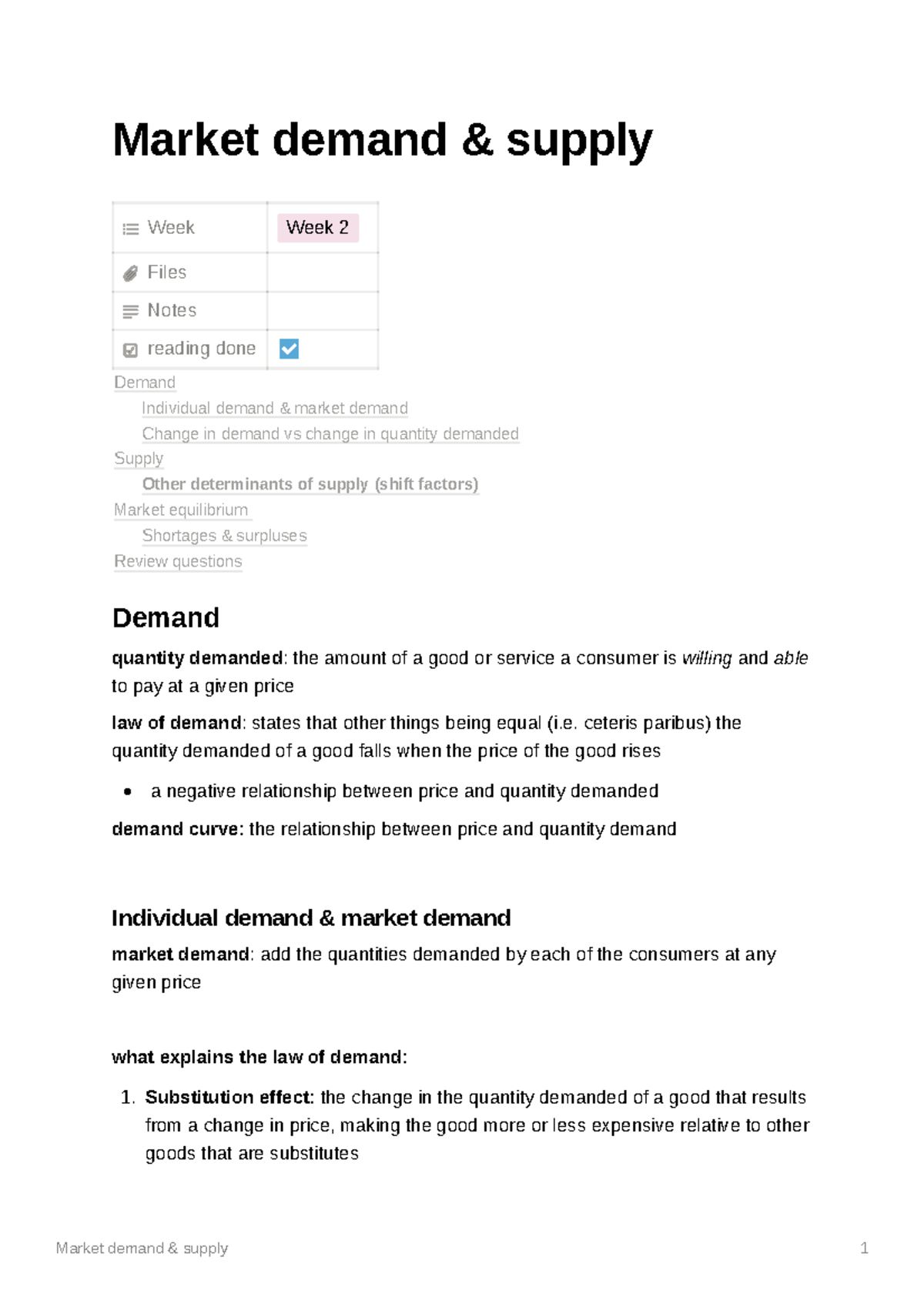 Week 2 Lecture Notes And Tutorial Questions And Answers Market Demand And Supply Week Week 2