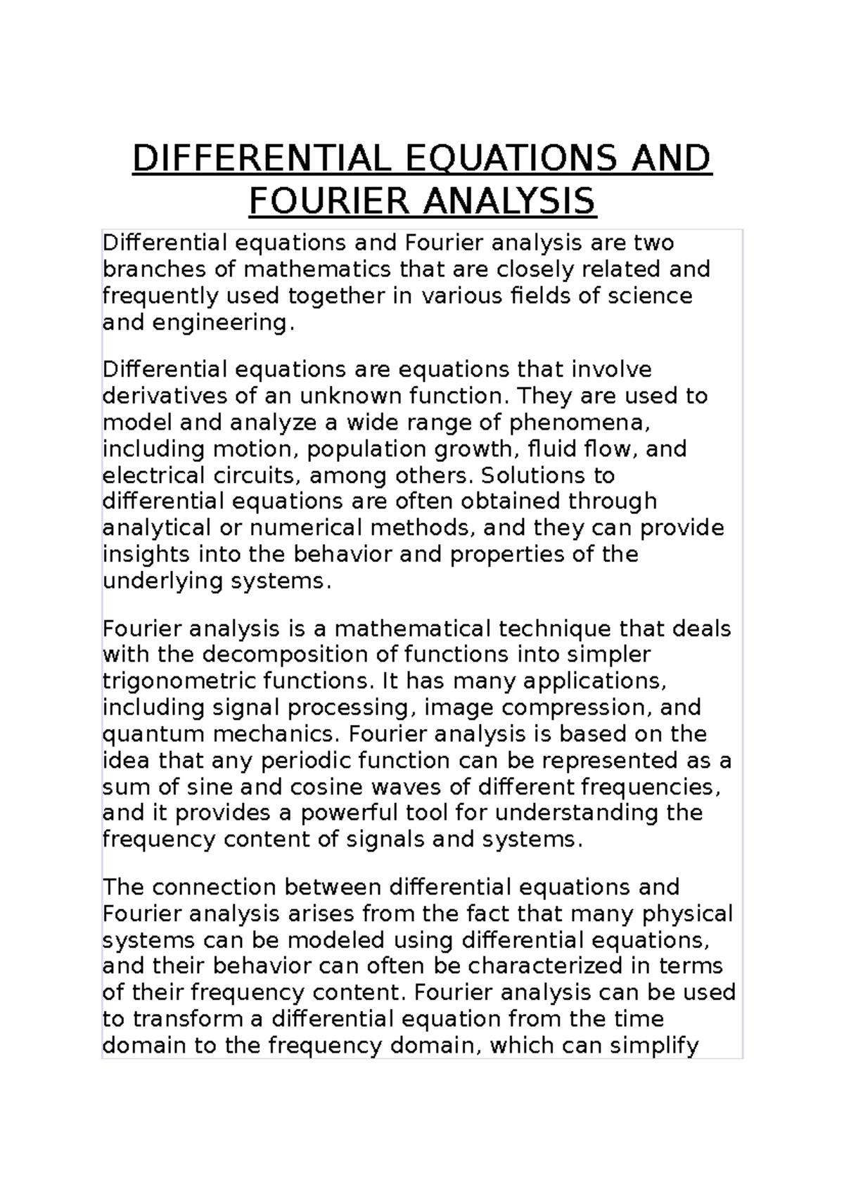 Differential Equations AND Fourier Analysis - DIFFERENTIAL EQUATIONS AND FOURIER ANALYSIS - Studocu