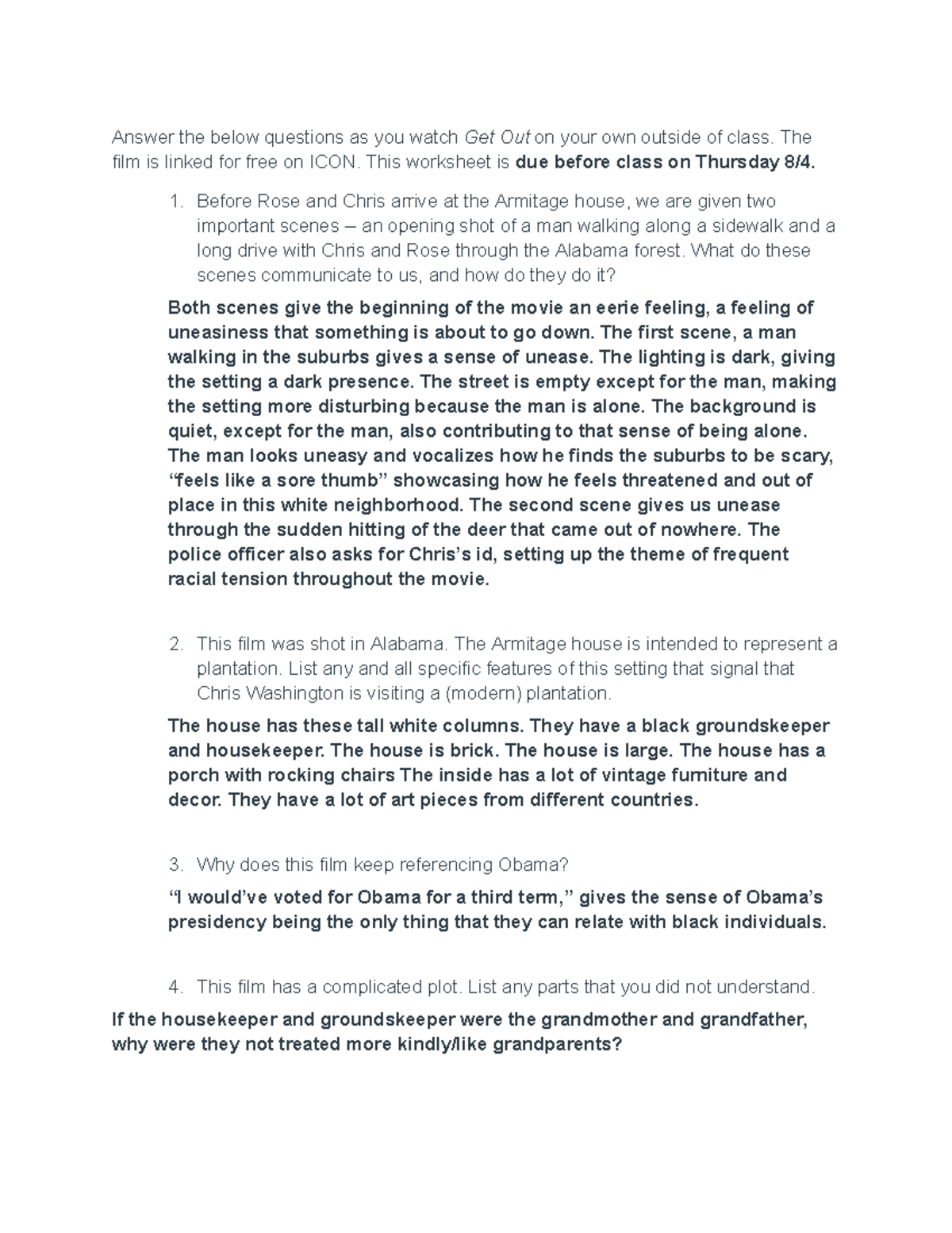 Get Out - "Get Out" movie worksheet. - Answer the below questions as ...