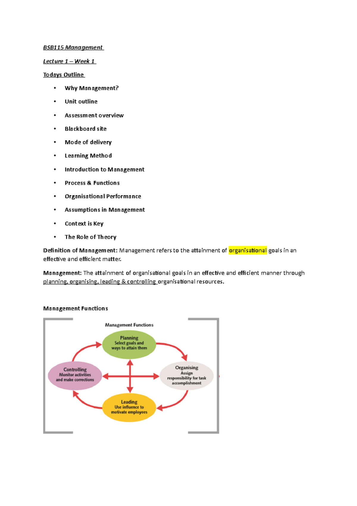 Lecture 1 - week 1 overview of management and concepts - BSB115 ...