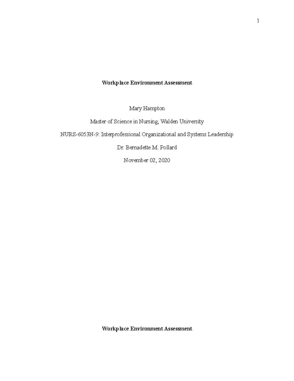 WK9Assgn Hampton M - week 9 assignment - Workplace Environment ...
