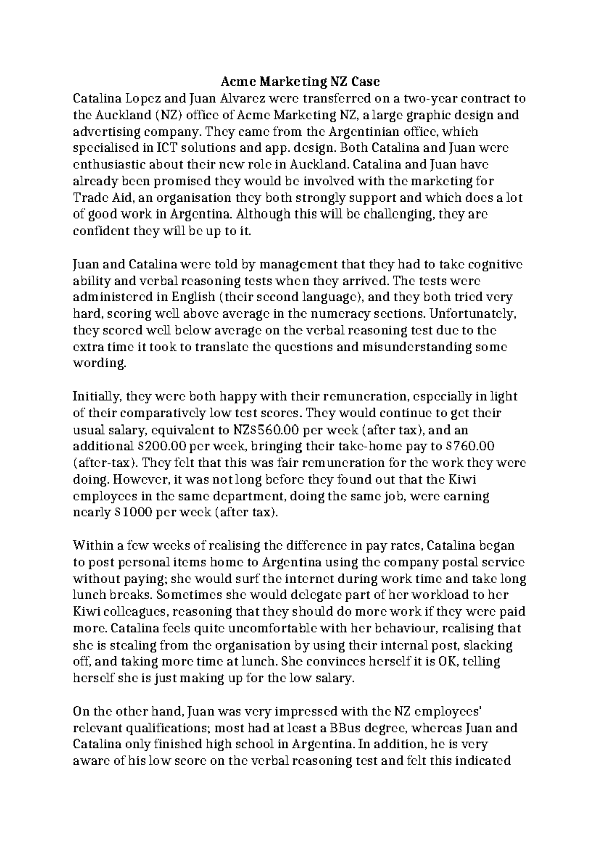 Acme Marketing NZ Case S2 - Acme Marketing NZ Case Catalina Lopez and Juan Alvarez were ...