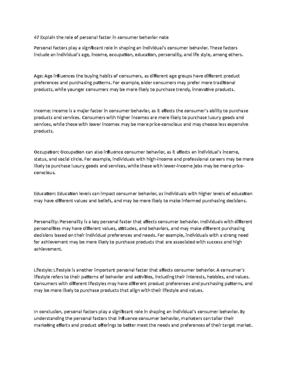 47 Explain the role of personal factor in consumer behavior note ...