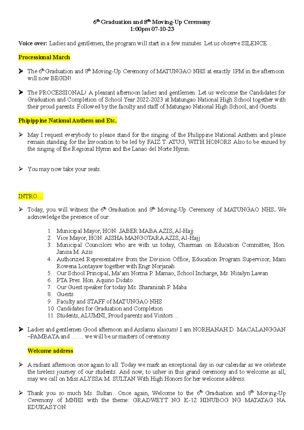 Grad Emcee script - for graduation - 6 th Graduation and 8th Moving-Up ...