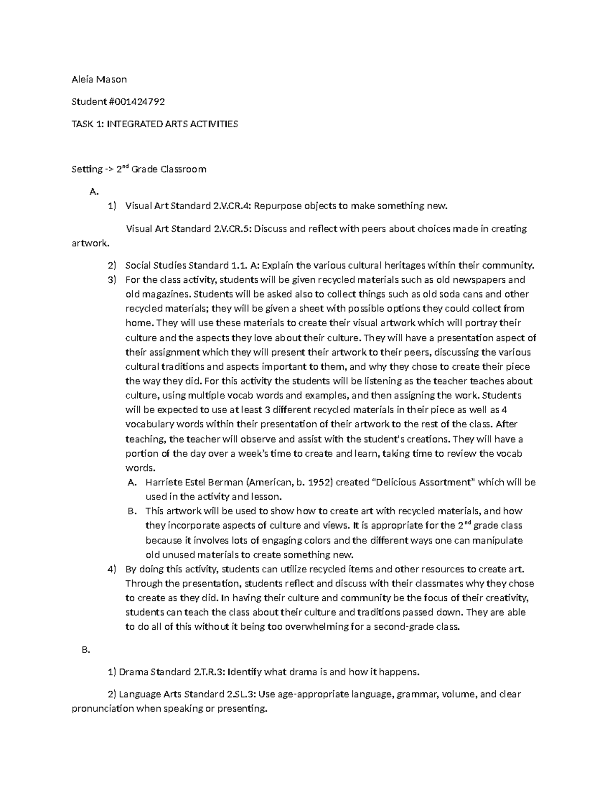 Task 1 -Arts - Here is the Performance Assessment I submitted and ...
