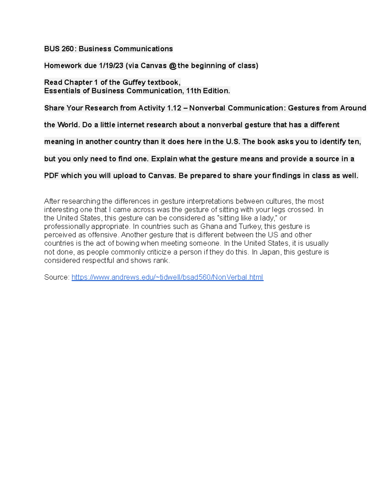 BUS 260 HW #1 - Homework assignment 1 - BUS 260: Business ...