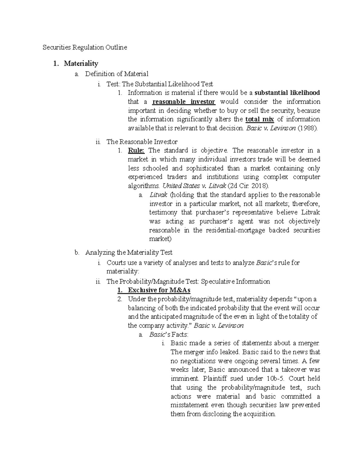 Securities Regulation Outline - Materiality a. Definition of Material i ...