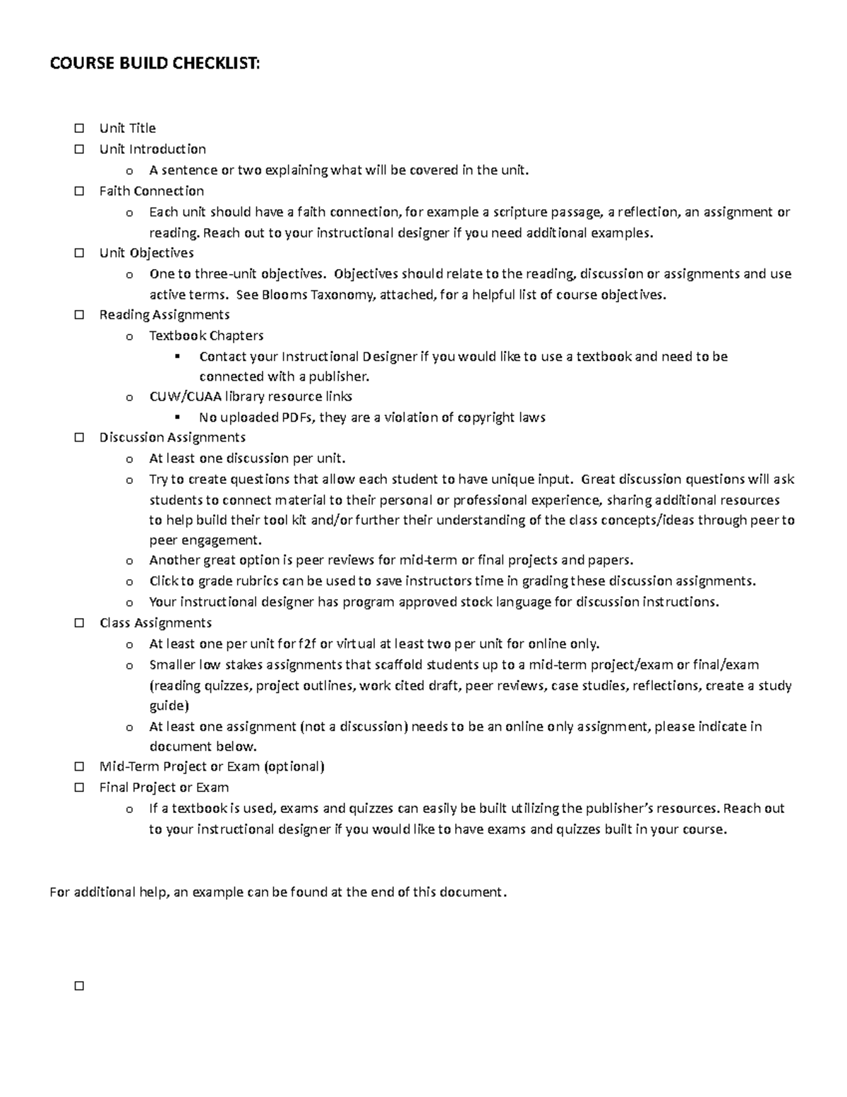 Course Build Worksheet - COURSE BUILD CHECKLIST: Unit Title Unit ...